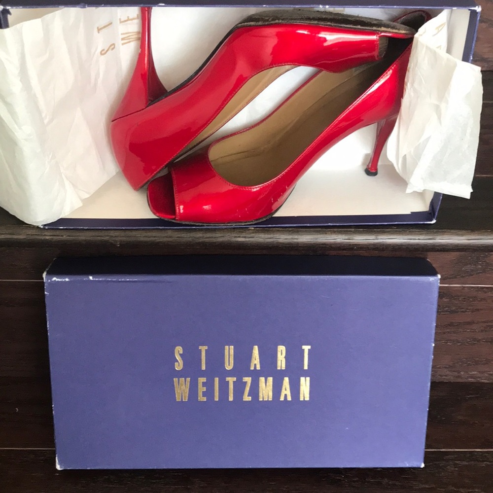 Candy Red Stuart Weitzman Peep Toe Pumps. - Gem